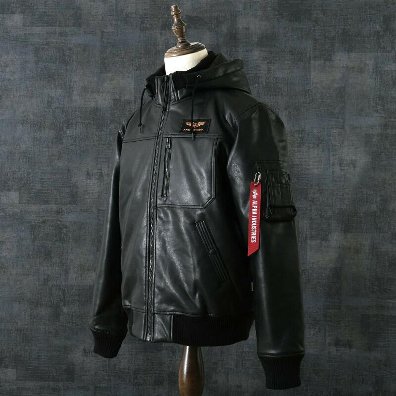 20%OFF！ ALPHA社 アルファ #TA1658 フェイクレザー フーデッドリブジャケットメンズ 男性 パーカー フード付き 防寒 中綿 サーモライト ワッペン ミリタリー ブルゾン ...